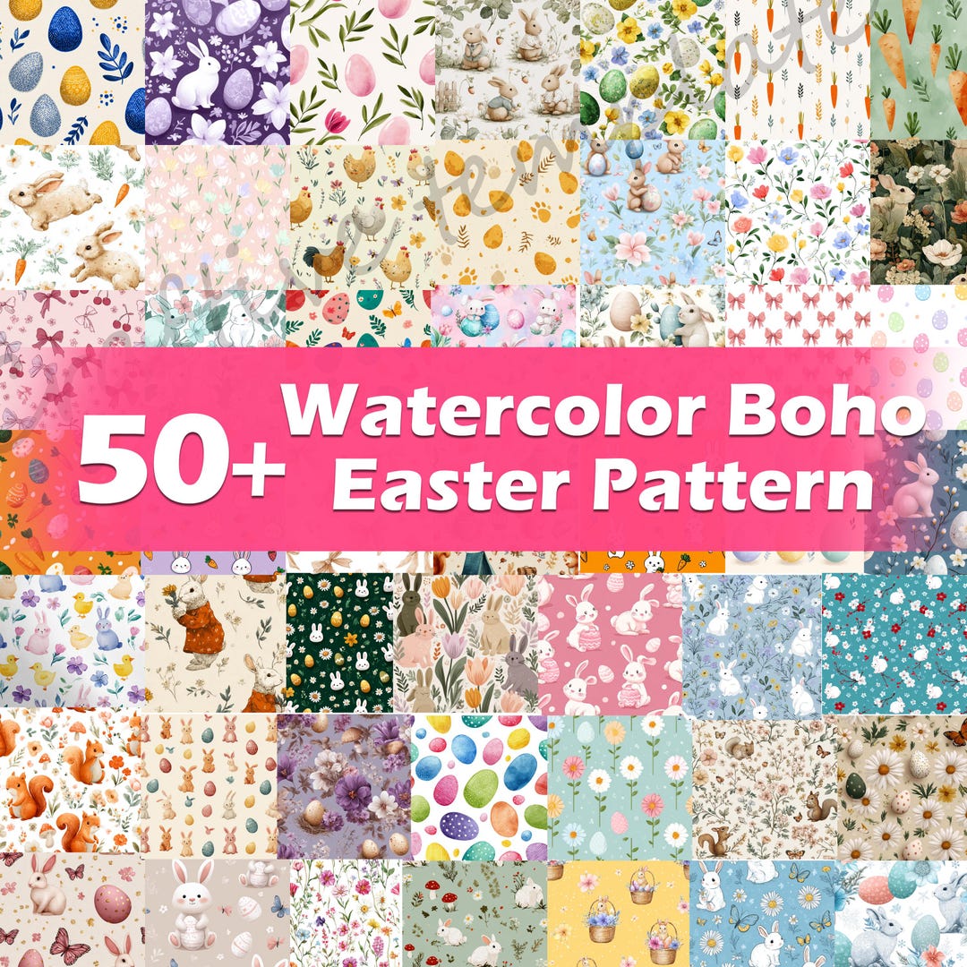 50 patrones bohemios de Pascua en acuarela / Papel digital de conejito ...
