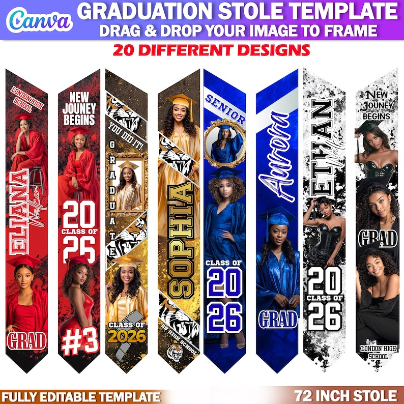 20x Graduation Stole Canva Editable Template Bundle, Graduation Sash ...