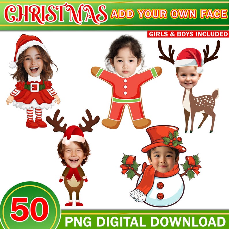 50x Christmas Add Your Own Photo Face Bundle, DIY Elf Yourself PNG, Elf ...