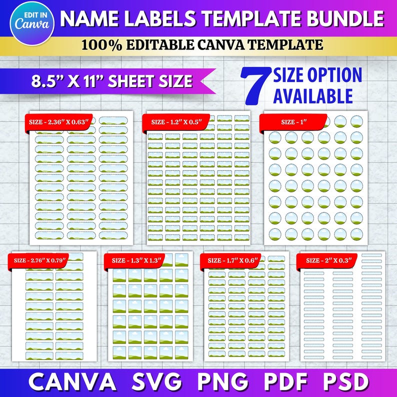 7x Name Labels Canva Editable Template Bundle | Custom Label Frame ...