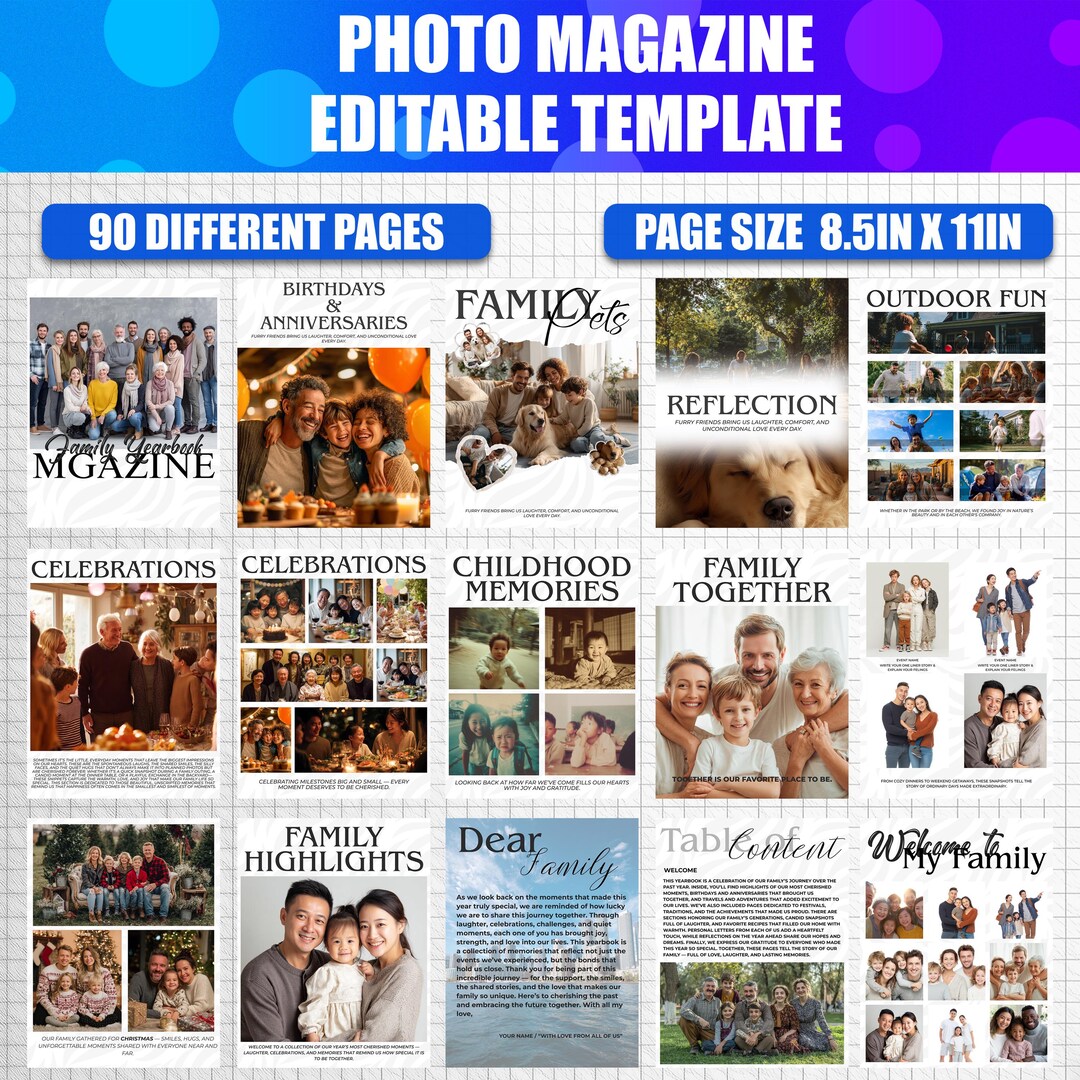 90x Photo Magazine Canva Templates | Editable Family Yearbook Album ...