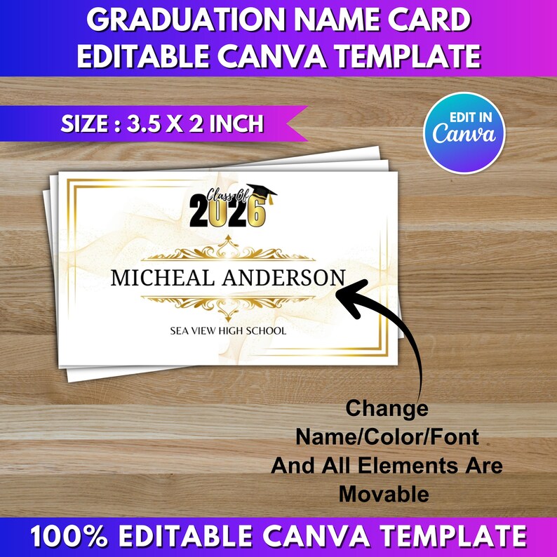 Editable Graduation Name Card Template | Printable Class of 2026 Name ...