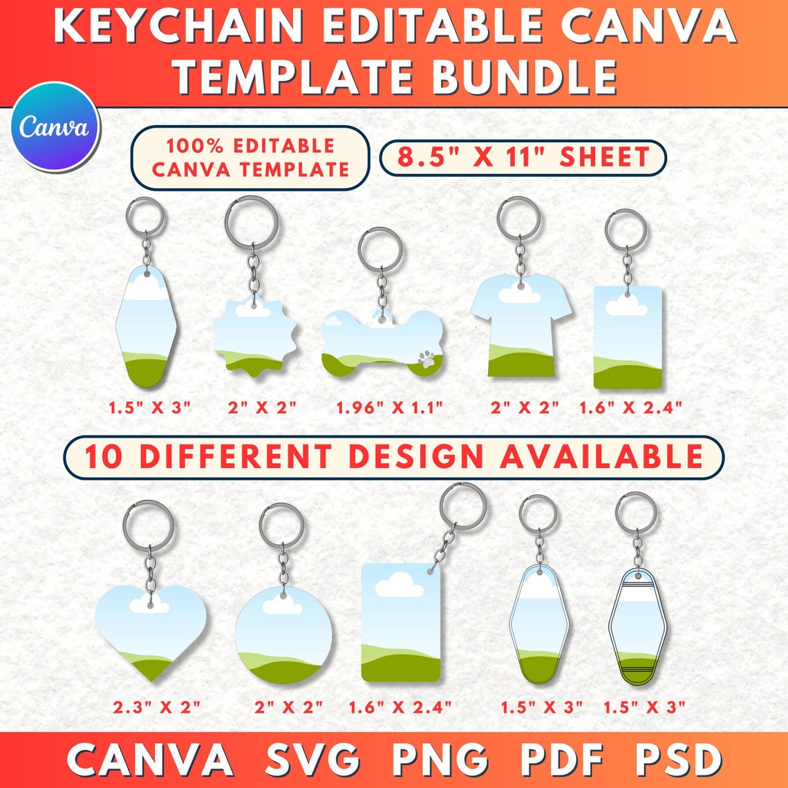 10x Keychain Canva Editable Templates | Rectangle & Circle Keychain ...