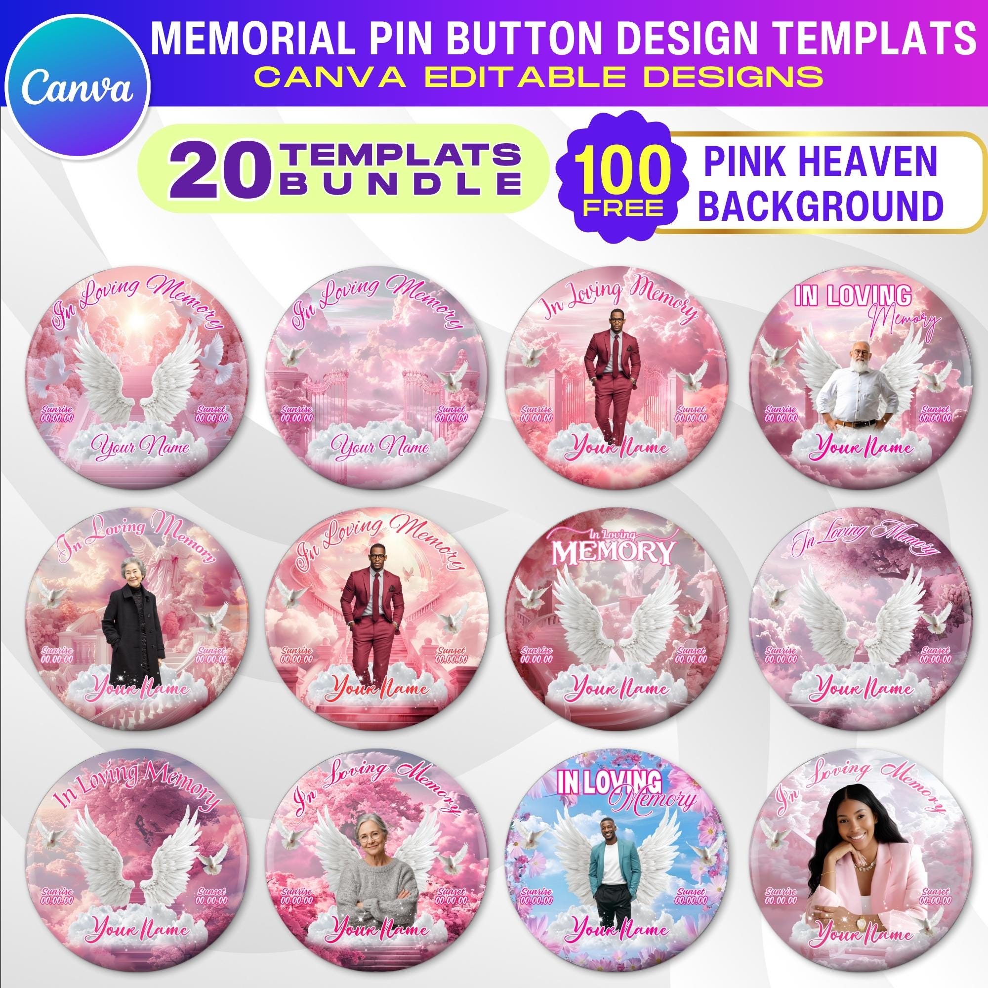 20x Memorial Pink Pin Button Canva Templates | in Loving Memory Pink ...