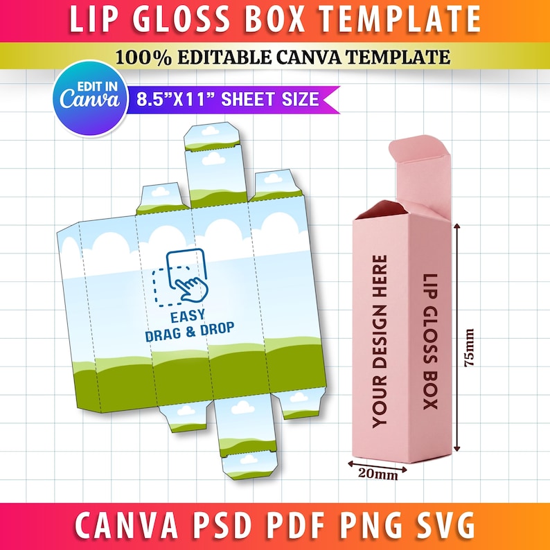 Lip Gloss Box Canva Editable Template | Lipstick Packaging SVG PNG ...