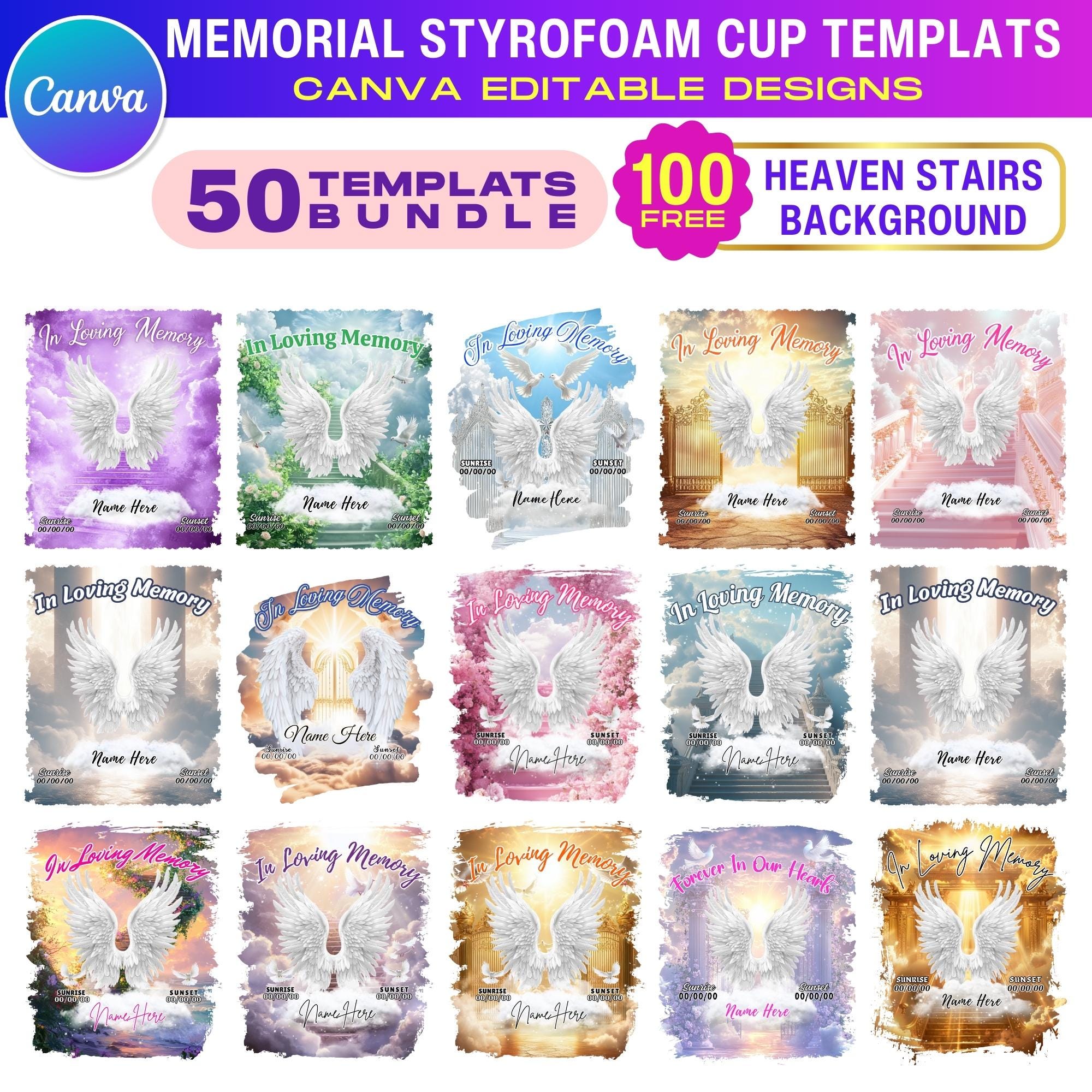 50x Memorial Styrofoam Cup Canva Templates | in Loving Memory Cup Label ...