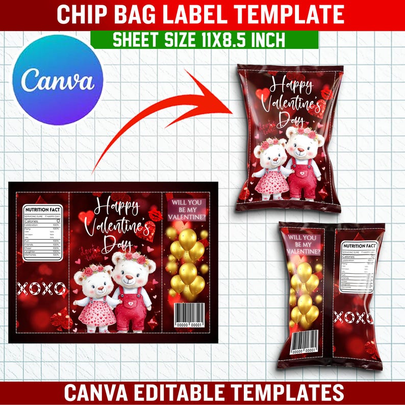 Chip Bag Label Canva Editable Template Valentine Theme| Romantic Love ...