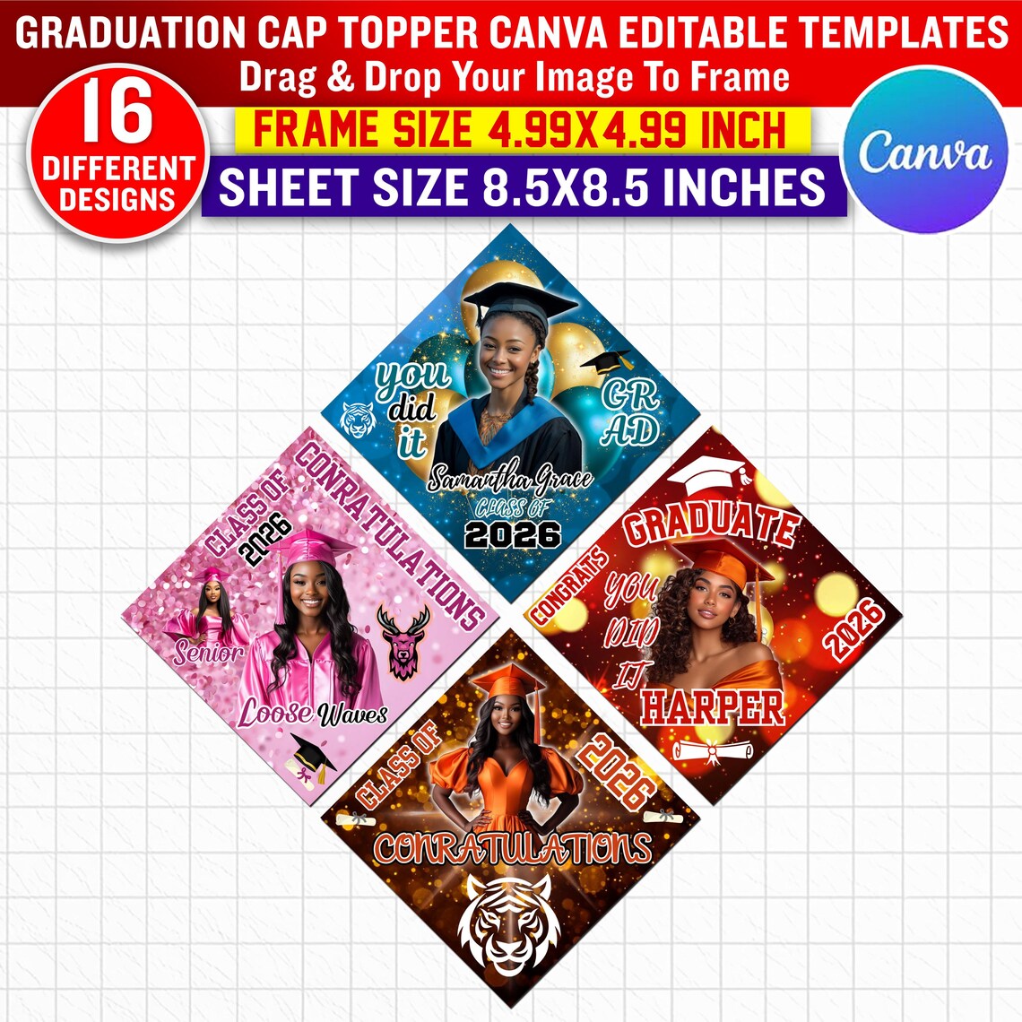 16x Graduation Cap Topper Canva Bundle | Personalized Photo Strip Cap ...