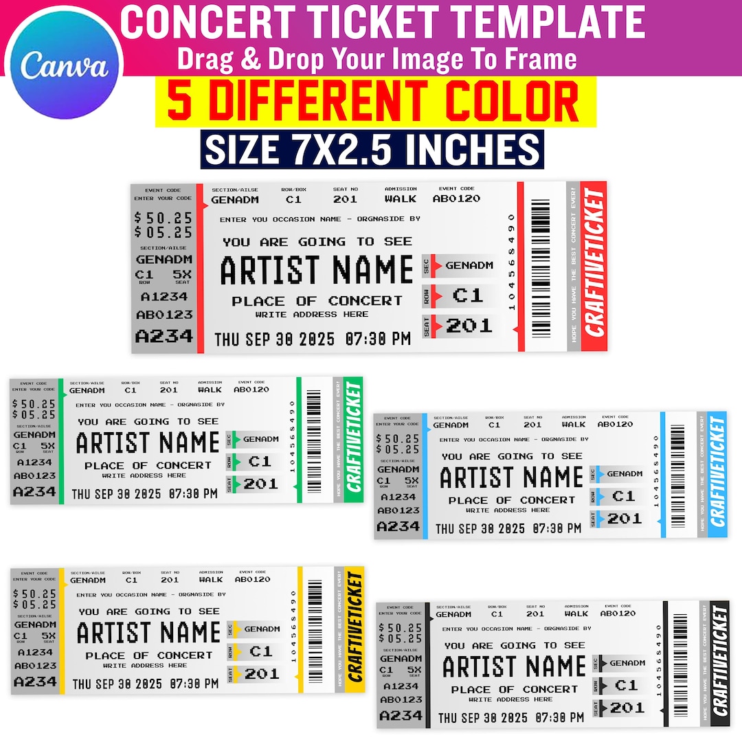 5x Concert Ticket Canva Templates | Editable Event Ticket ...