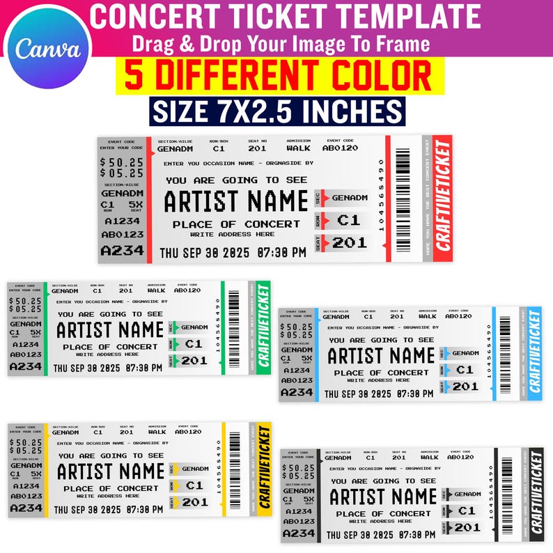 5x Concert Ticket Canva Templates | Editable Event Ticket ...