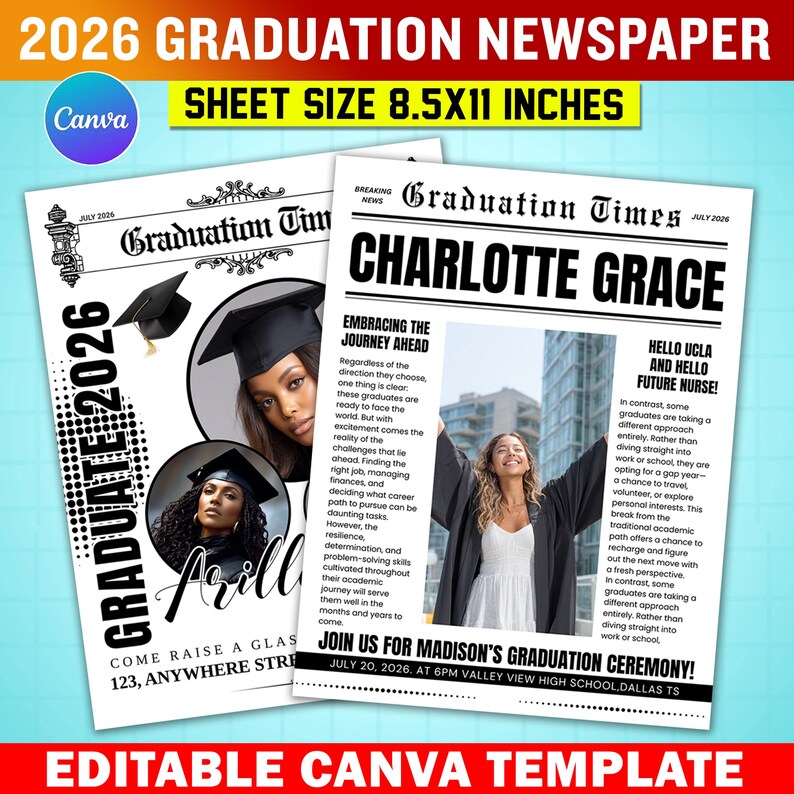 2026 Graduation Newspaper Bundle | Set of 4 Editable Canva Templates ...