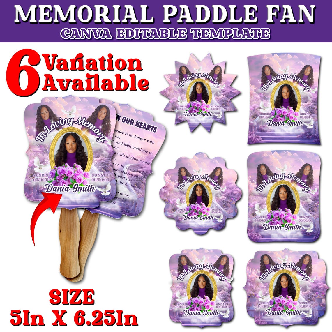 6x Purple Memorial Paddle Fan Design Template, Funeral Editable ...