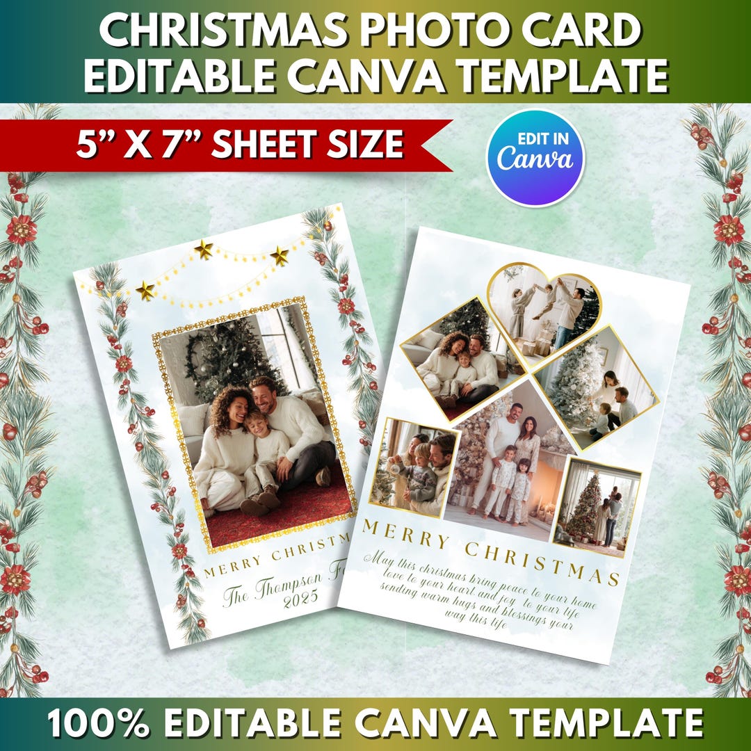 Editable Christmas Photo Collage Card | Classic Xmas Decor Greenery ...