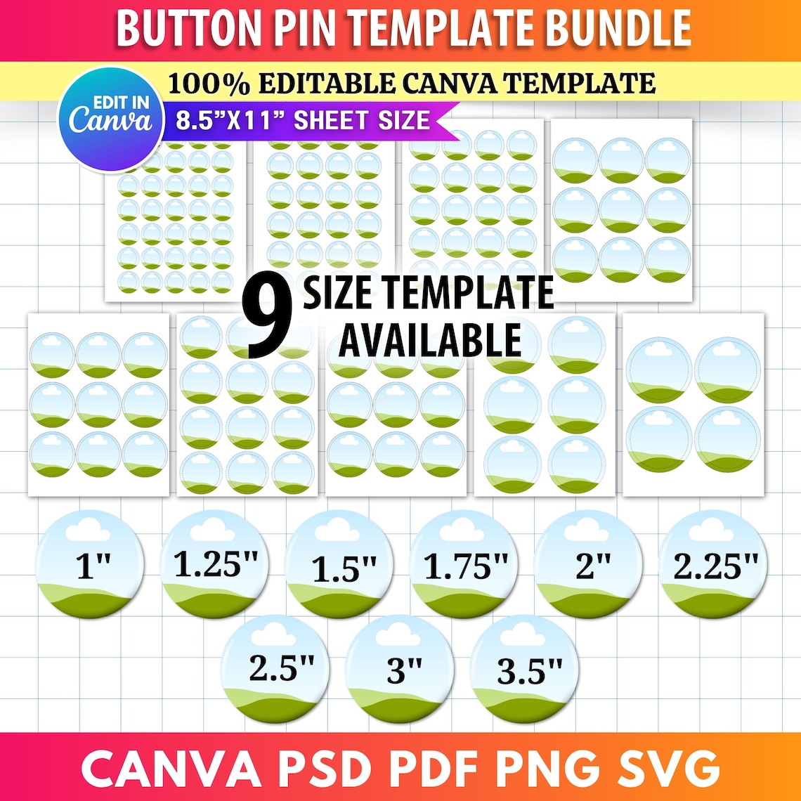 9x Button Pin Template Bundle | Editable Canva Frame for Pinback ...