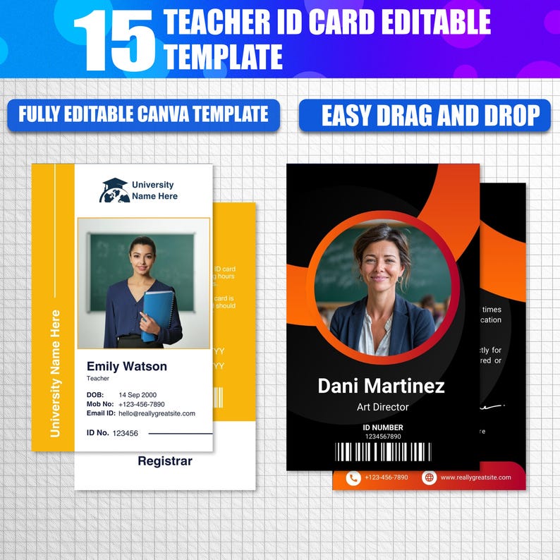 15x Teacher ID Card Canva Templates | Editable Name Badge Designs ...