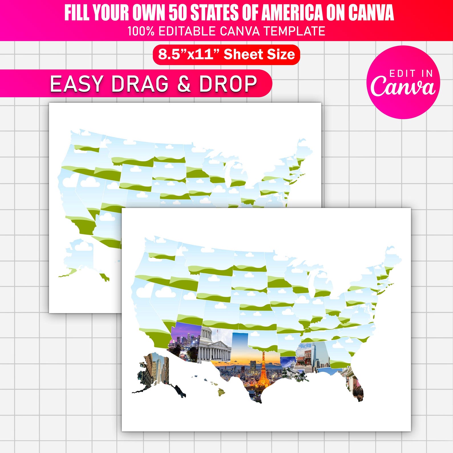 Fill Your Own 50 States of America Canva Template | Editable USA Map ...