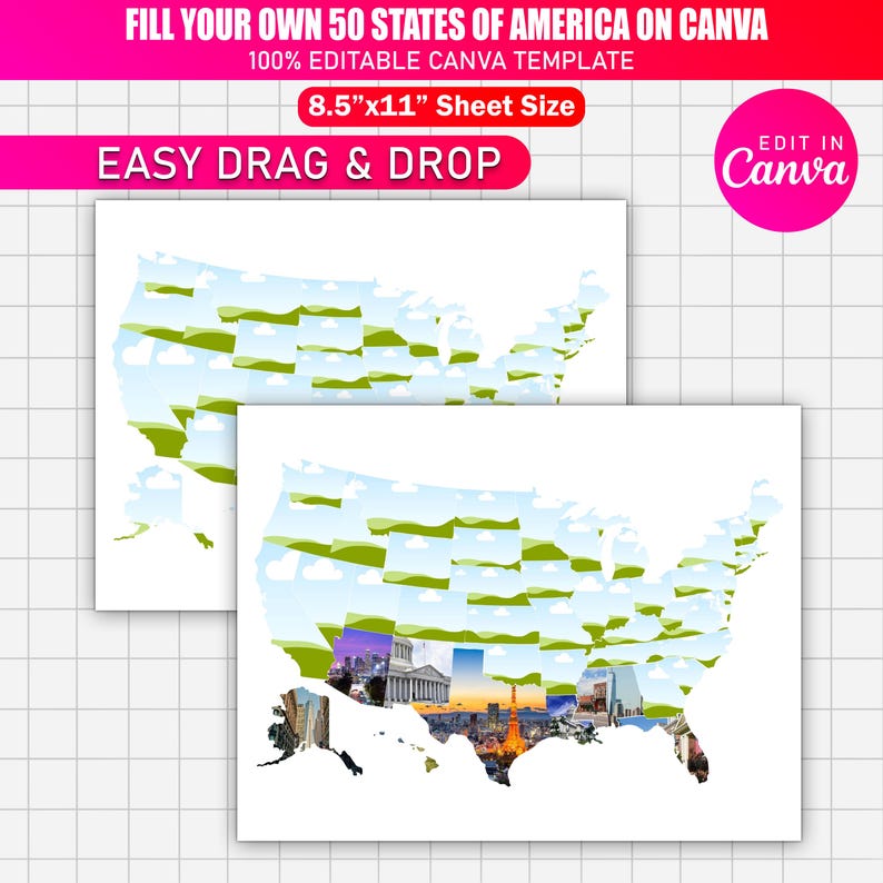 Fill Your Own 50 States of America Canva Template | Editable USA Map ...