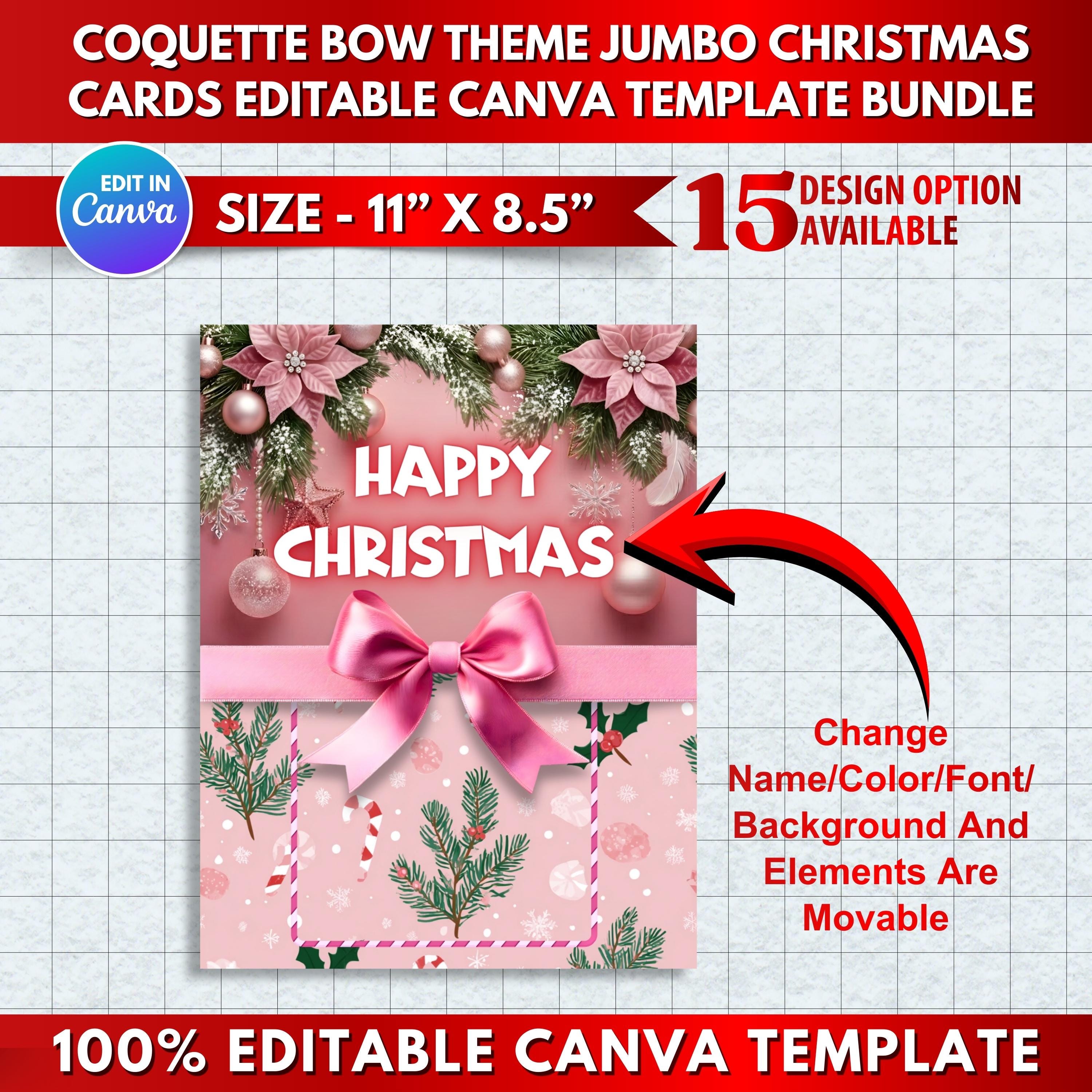 15x Coquette Bow Theme Jumbo Christmas Card Bundle | Editable Canva ...