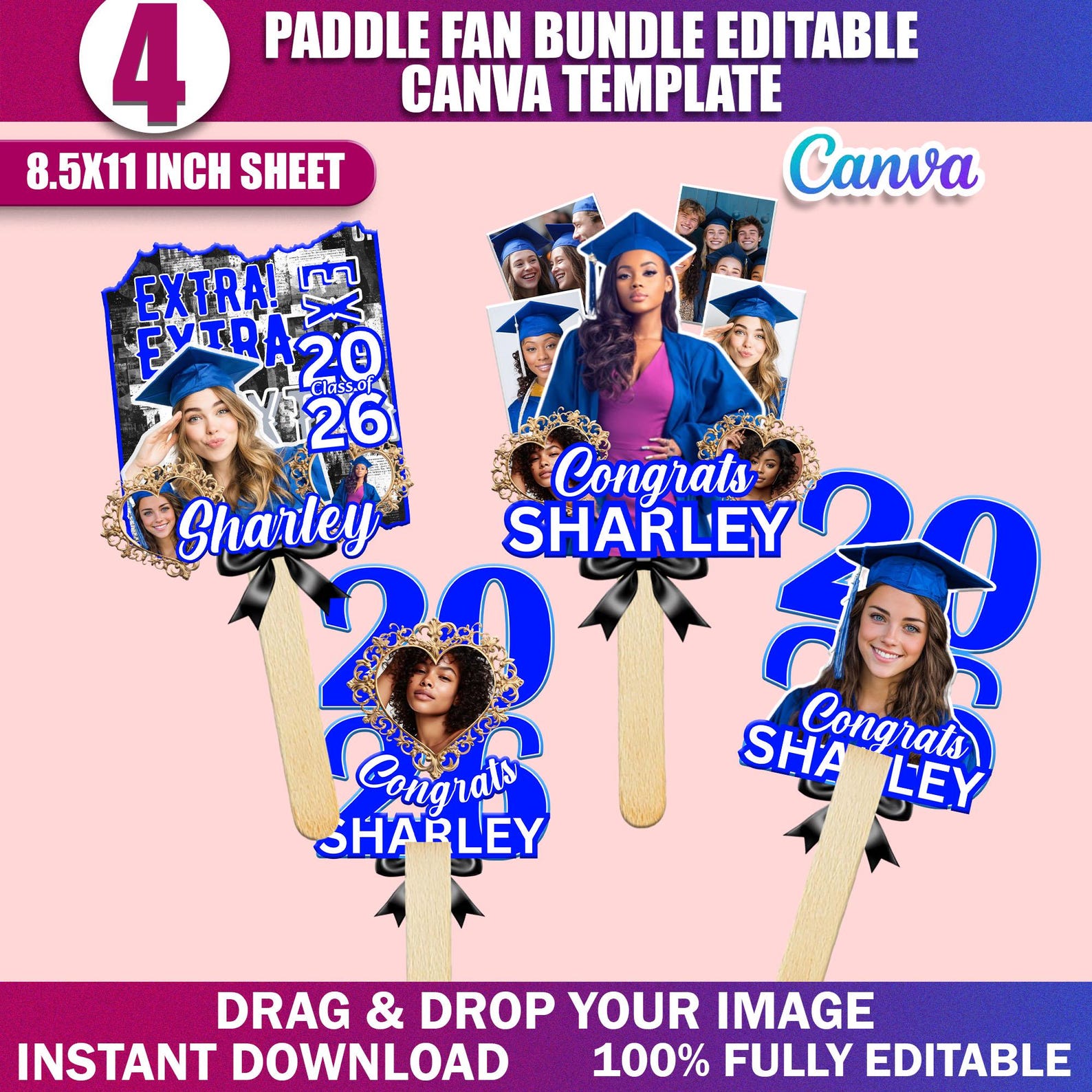Graduation Fan Paddle Bundle | Custom Grad Fan Canva Editable | Drag ...