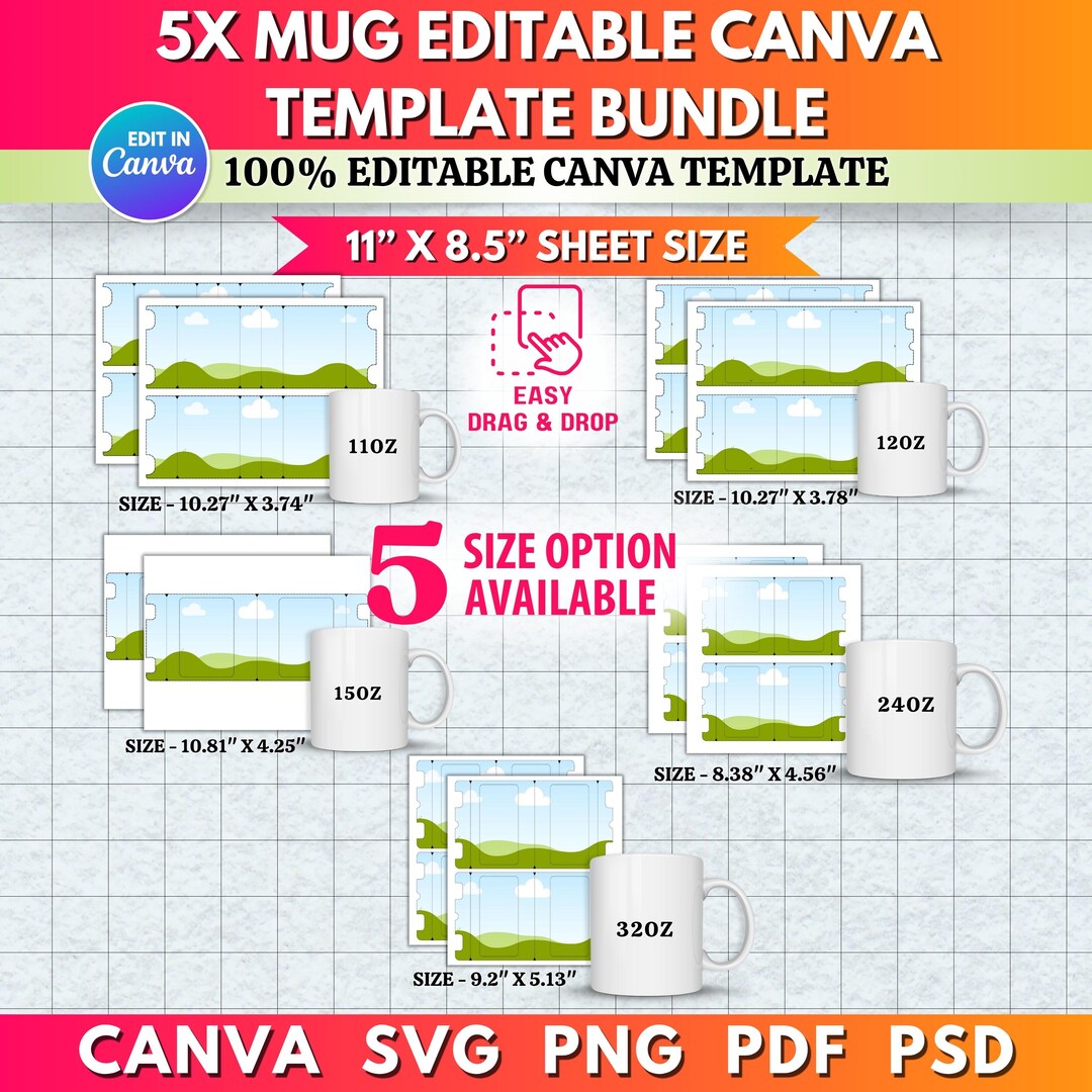 5x Mug Wrap Template Bundle | 11oz 12oz 15oz 24oz 31oz Mug Wrap SVG ...