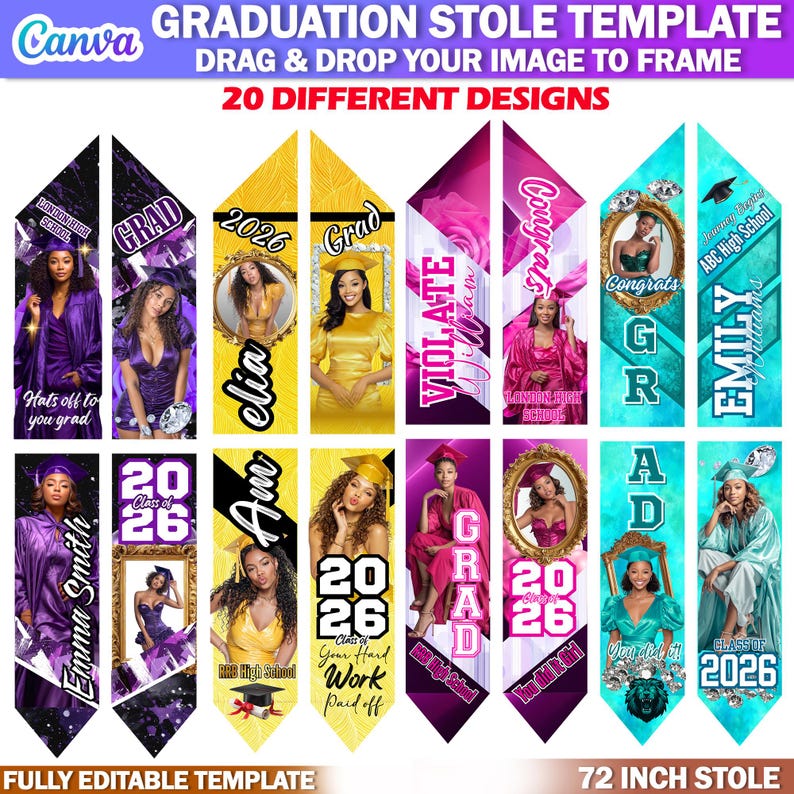20x Graduation Stole Canva Editable Template Bundle, Graduation Sash ...