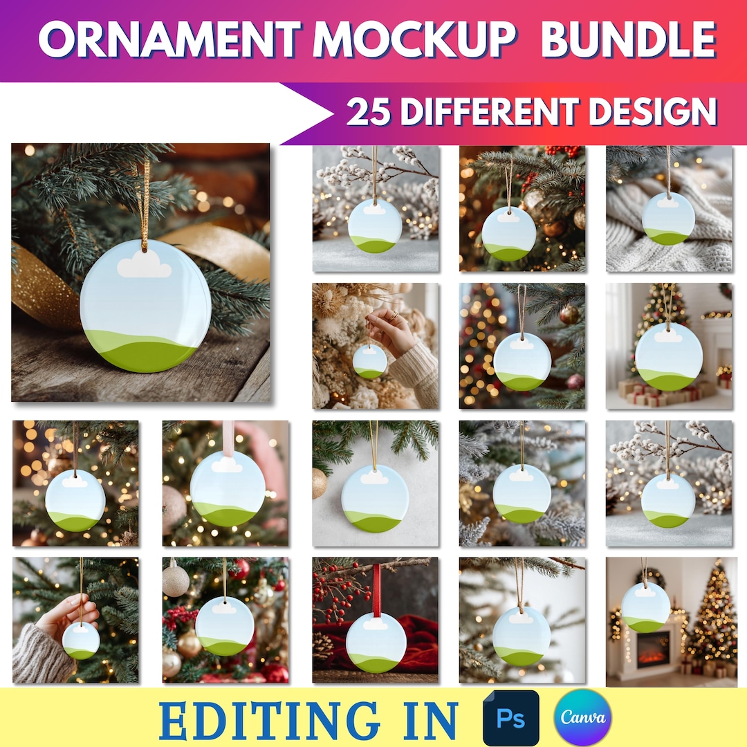 25x Ornament Mockup Canva Editable Bundle | Ceramic Round Ornament ...