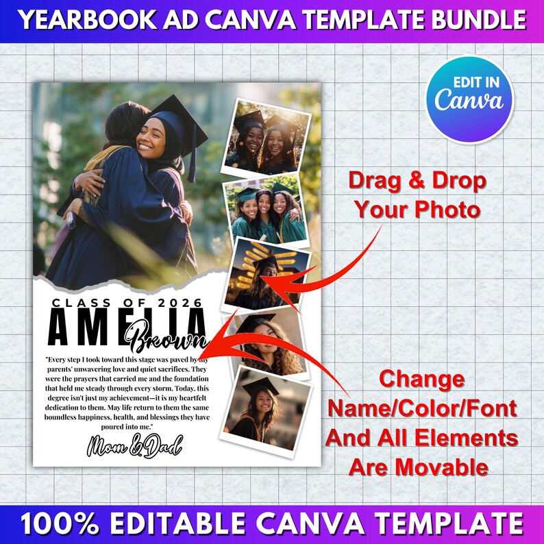 5x Full, Half & Quarter Page Yearbook Ad Bundle | Class of 2026 Senior ...