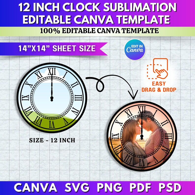 6x 12inch Clock Sublimation Template | Round Wall Clock Canva Editable ...
