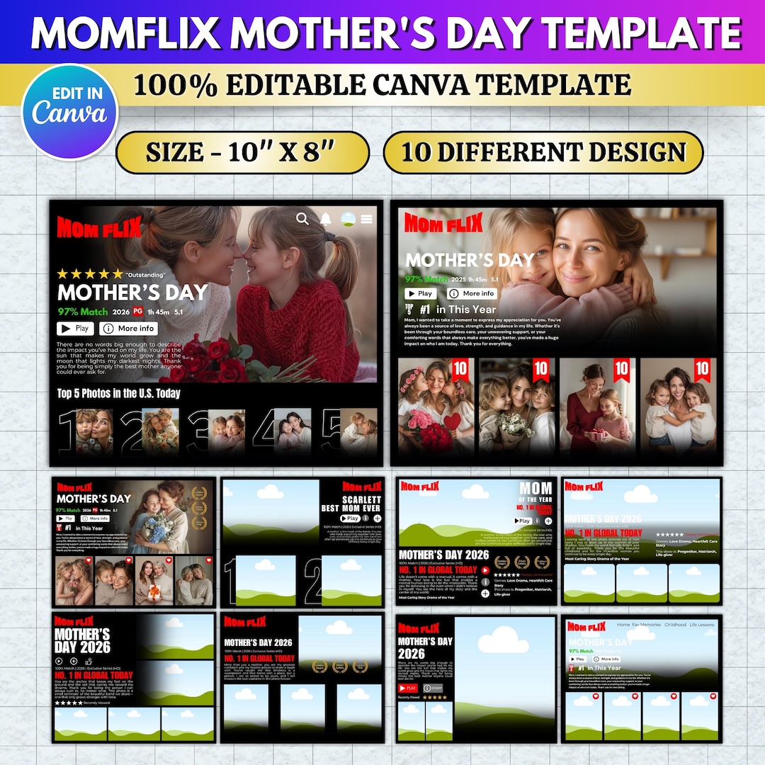 10x MOMFLIX Canva Editable Template | Mother’s Day Movie Poster Bundle ...