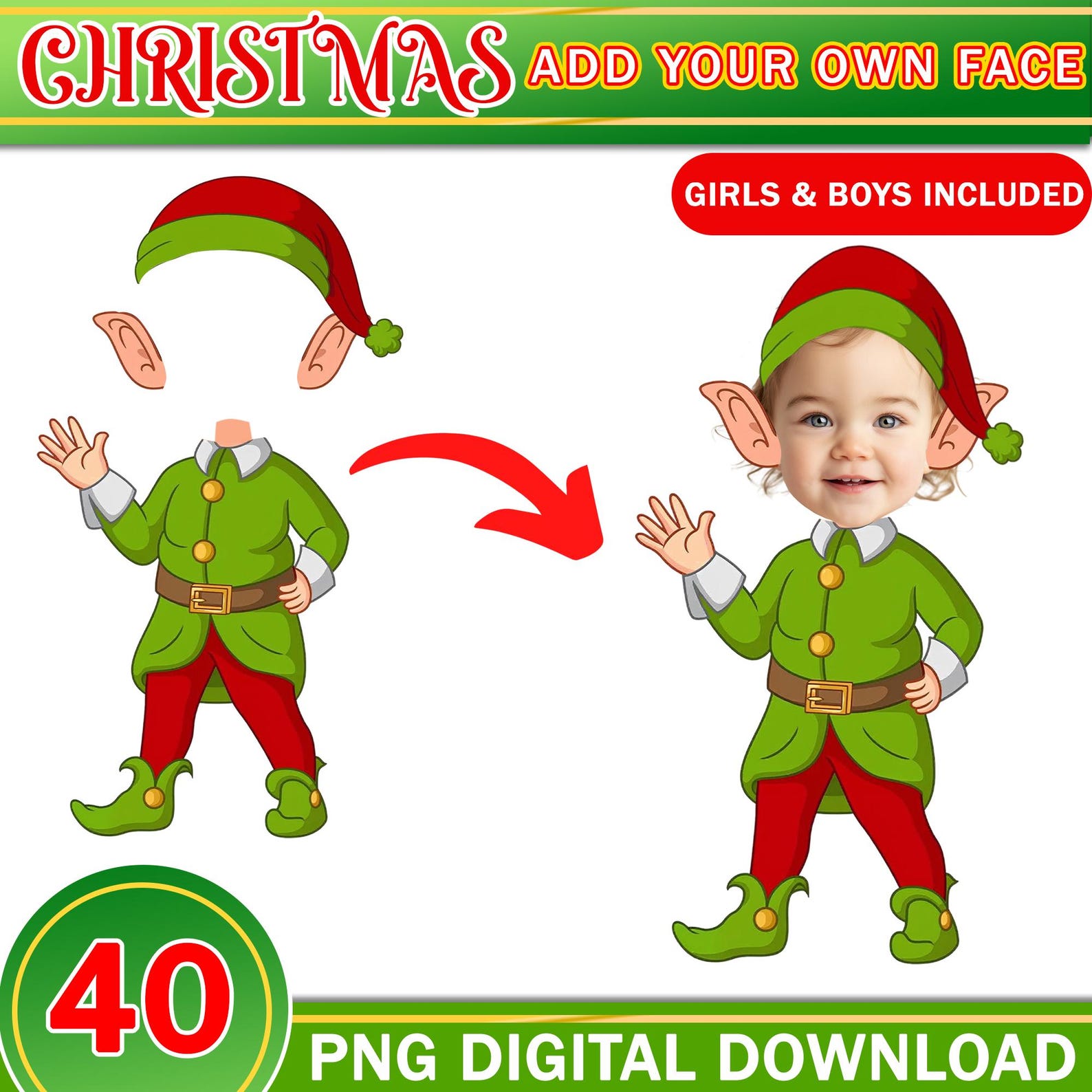 40x Christmas Add Your Own Photo Face Bundle, DIY Elf Yourself PNG ...