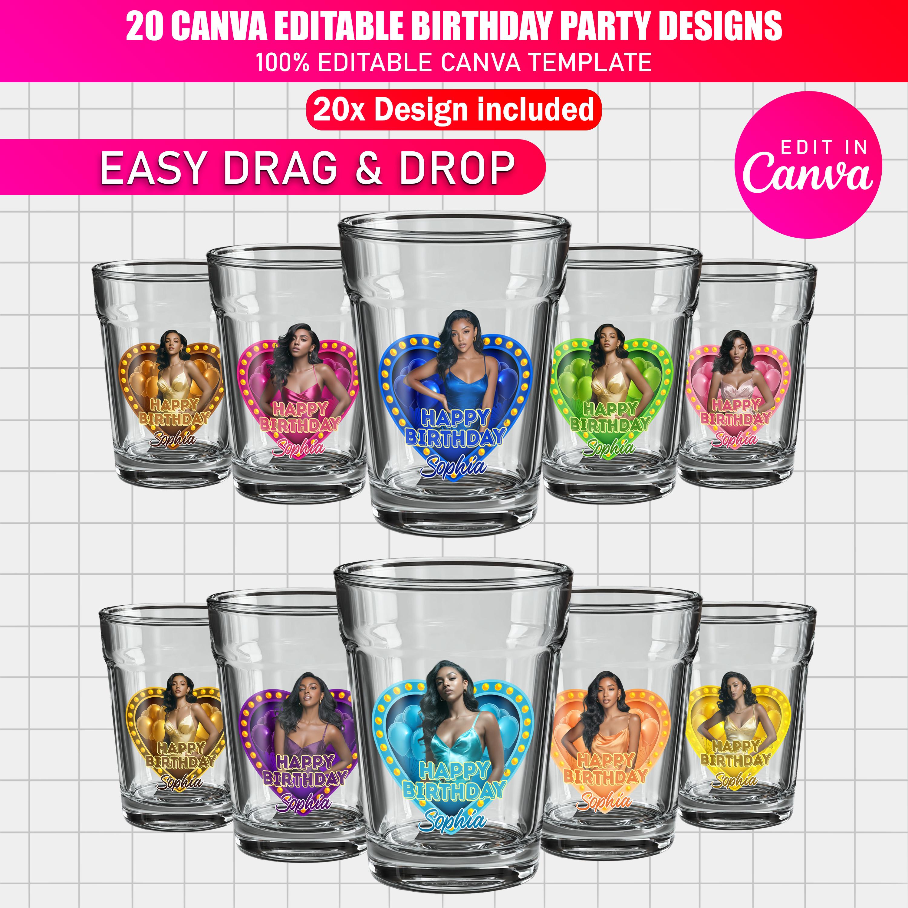 20x Birthday Party Canva Templates | Editable Shot Glass & Cup Sticker ...