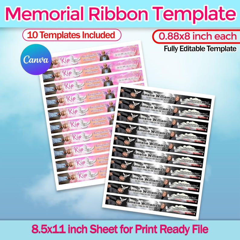 10x Memorial Ribbon Templates Bundle | Funeral Memorial Canva Designs ...