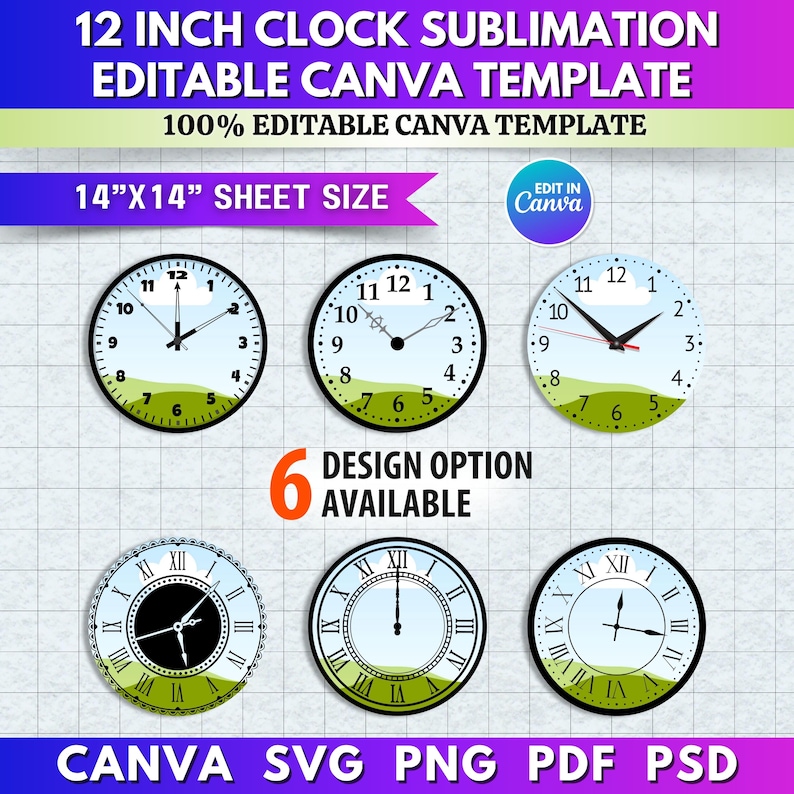 6x 12inch Clock Sublimation Template | Round Wall Clock Canva Editable ...