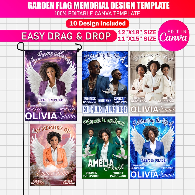 10x Memorial Garden Flag Canva Template Bundle | 12x18 & 11x15 in ...