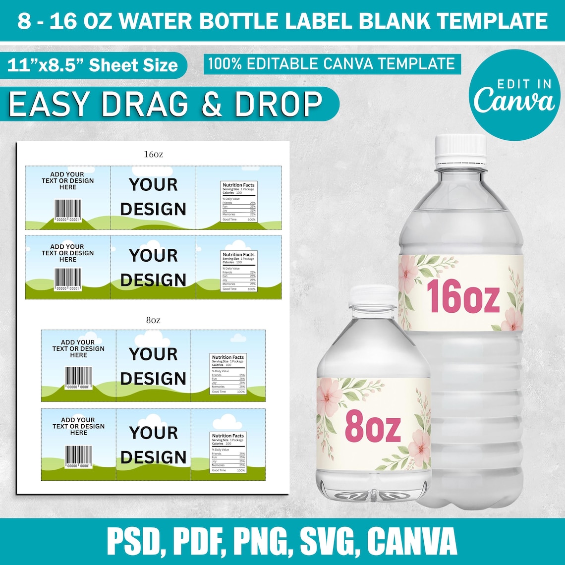 8 & 16 Oz Water Bottle Label Blank Template, DIY Label Template, Canva ...