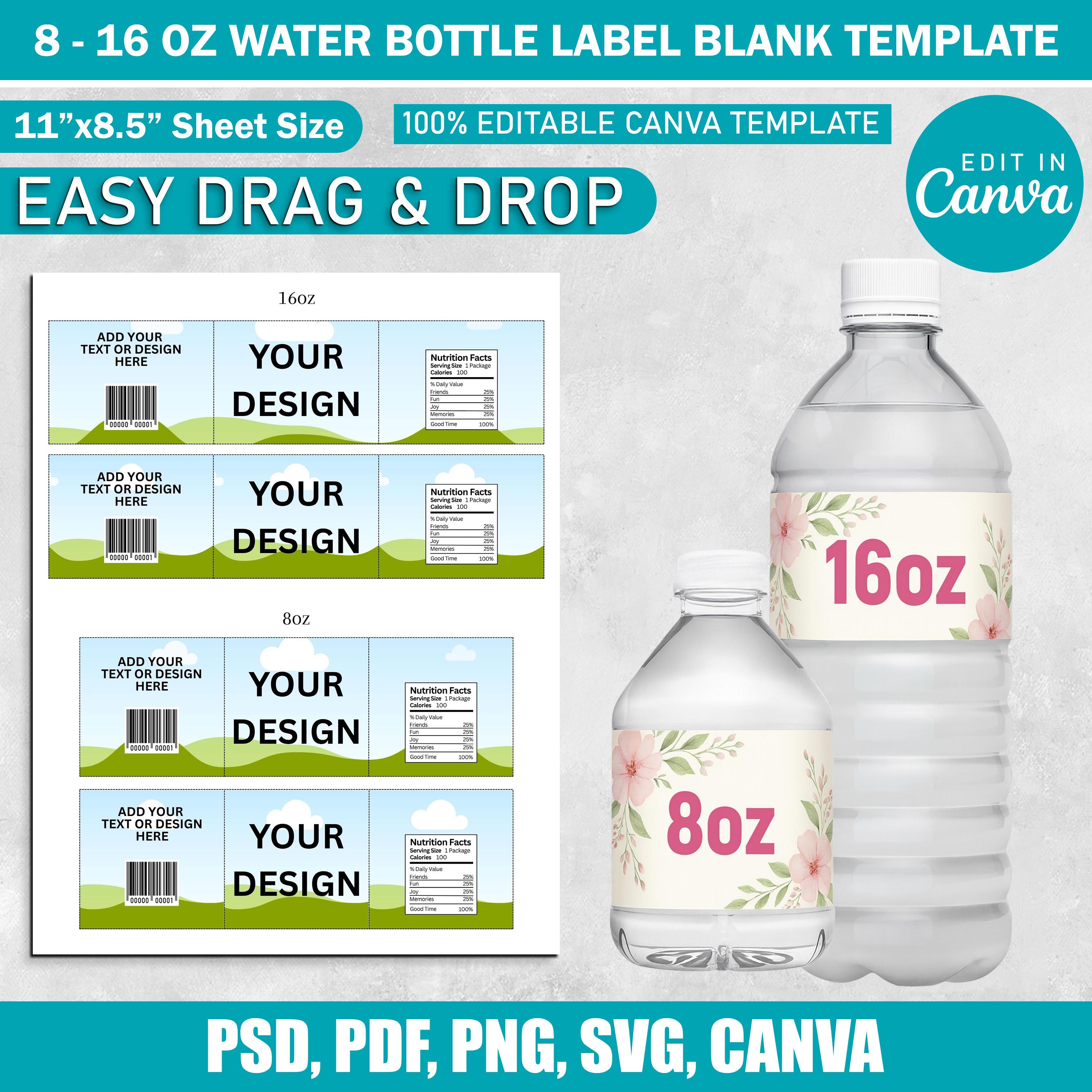 8 & 16 Oz Water Bottle Label Blank Template, DIY Label Template, Canva ...