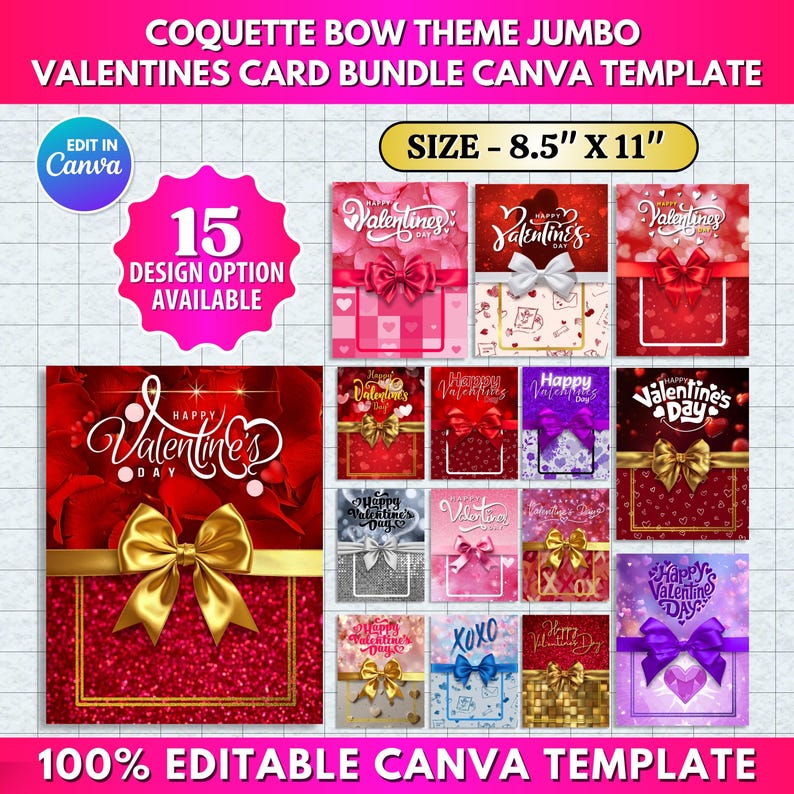 15x Coquette Bow Jumbo Valentines Card Templates Bundle, Canva Jumbo ...