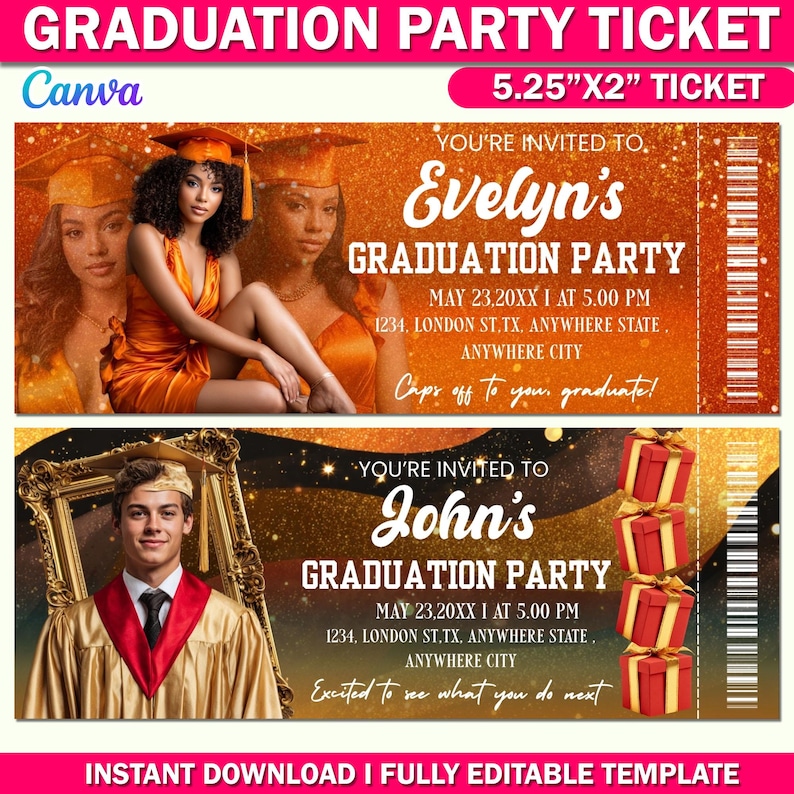 10x Graduation Party Ticket Template Bundle | Editable Canva Designs ...