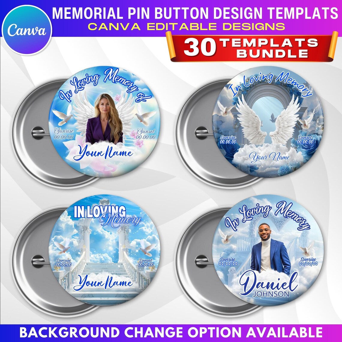 30x Memorial Blue Pin Button Templates Bundle | Editable Canva Funeral ...