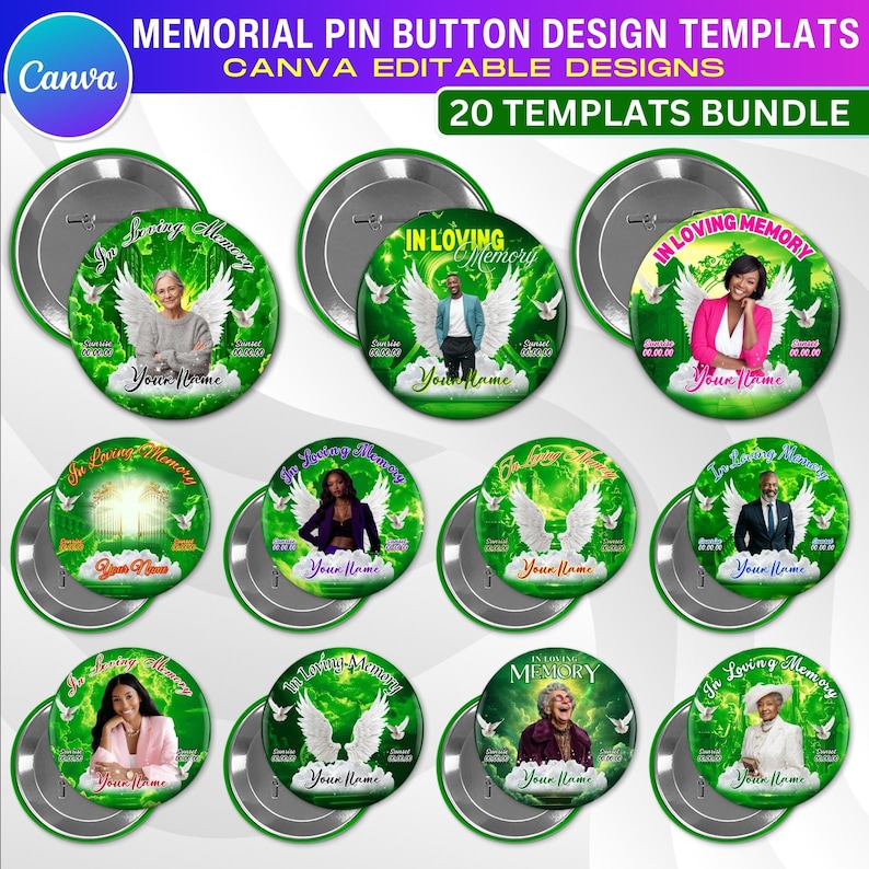 20X Memorial Green Pin Button Templates Bundle | Editable Canva Funeral ...