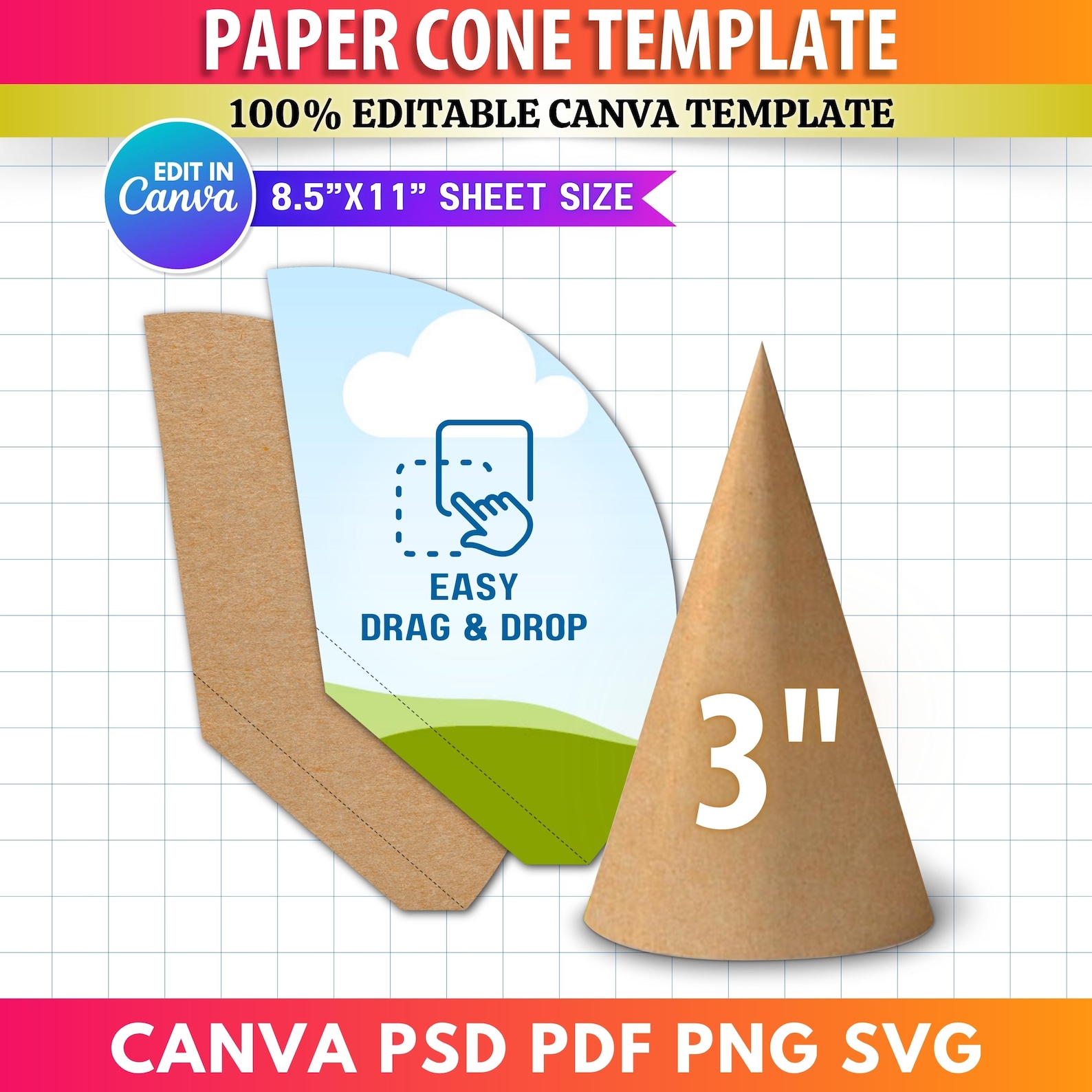 3x Paper Cone Template Bundle | Candy & Treat Cone SVG | Ice Cream Cone ...