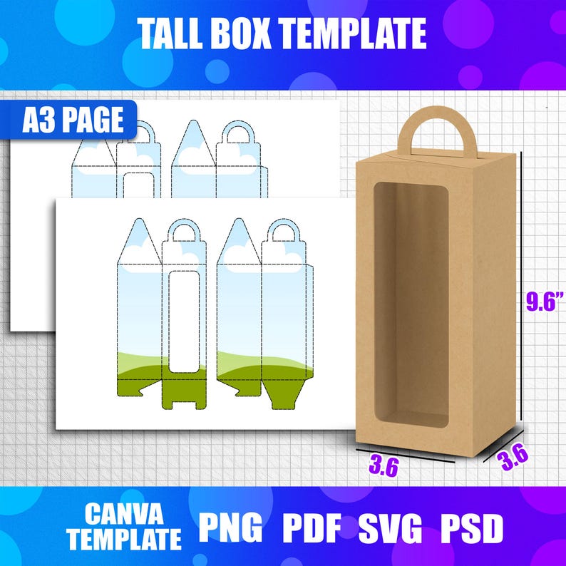 9.6" Tall Box Template, Gift & Treat Box With Handle SVG, Tall Gable ...