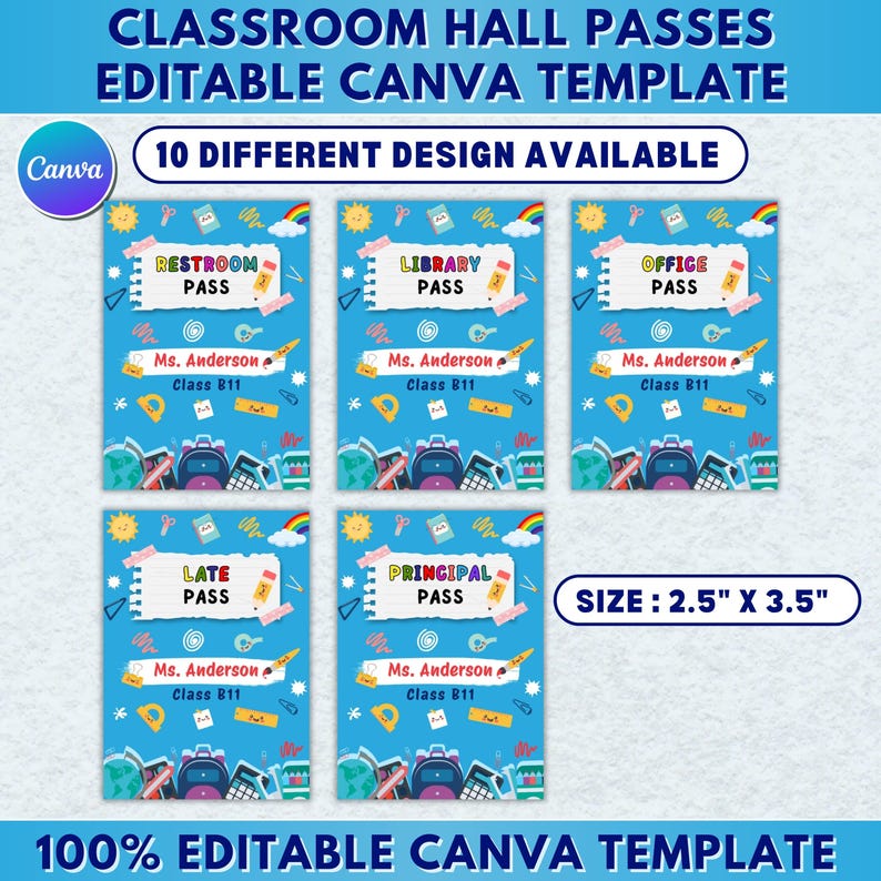 10x Classroom Hall Pass Canva Templates | Editable Teacher Passes ...