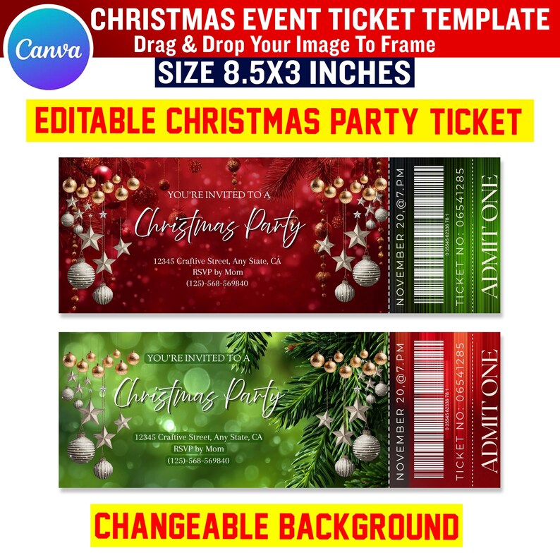 Christmas Event Ticket Canva Template | Editable Holiday Tickets Party ...