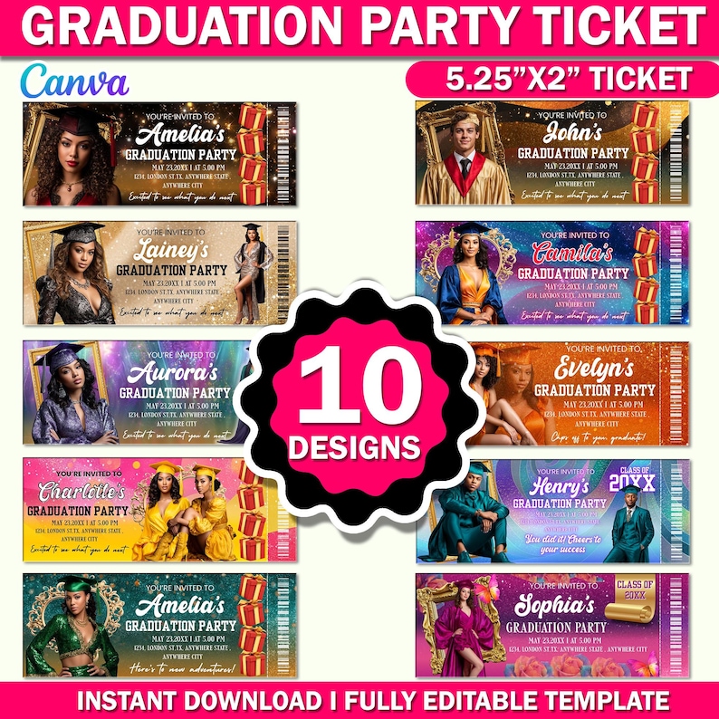 10x Graduation Party Ticket Template Bundle | Editable Canva Designs ...