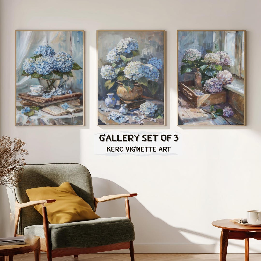 Set of 3 Blue Hydrangea Wall Art Prints, Impressionist Floral Still ...