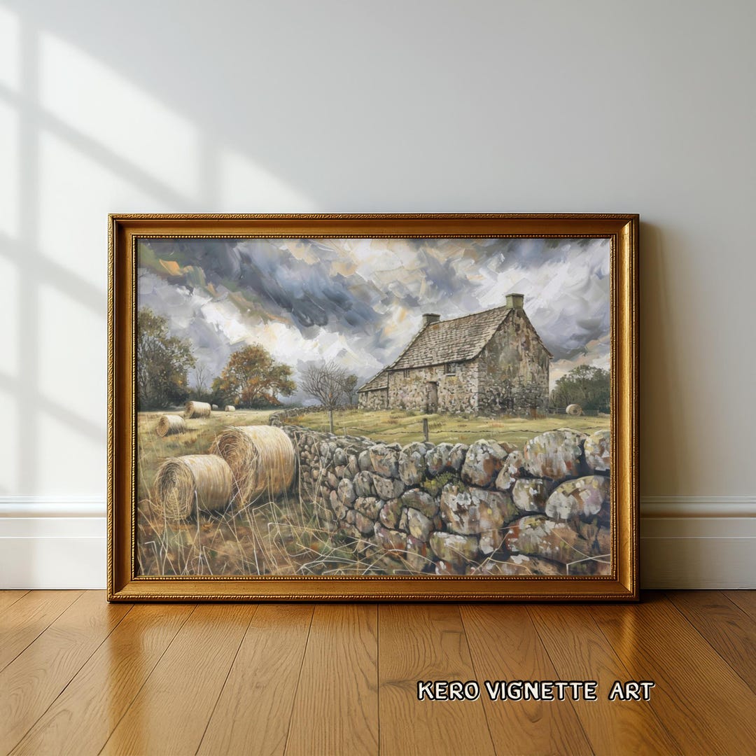 Vintage Stone Cottage Print, Countryside Landscape Oil Painting, Rustic ...