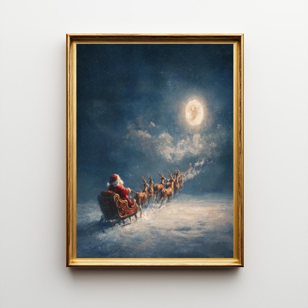 Moonlit Santa Sleigh Print, Classic Christmas Wall Art (digital ...