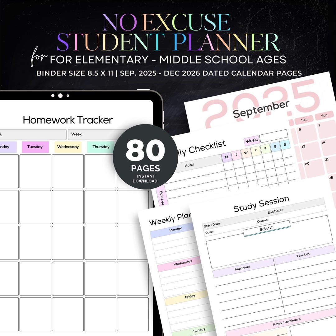 2025-2026 Dated Calendar, Student ADHD Printable School Planner for ...