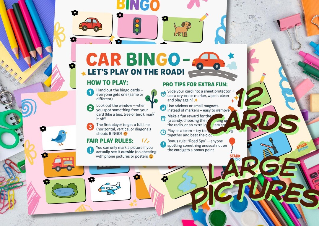 Kids' Car Bingo - 12 Cards With Large Pictures | Game Printable | Road ...